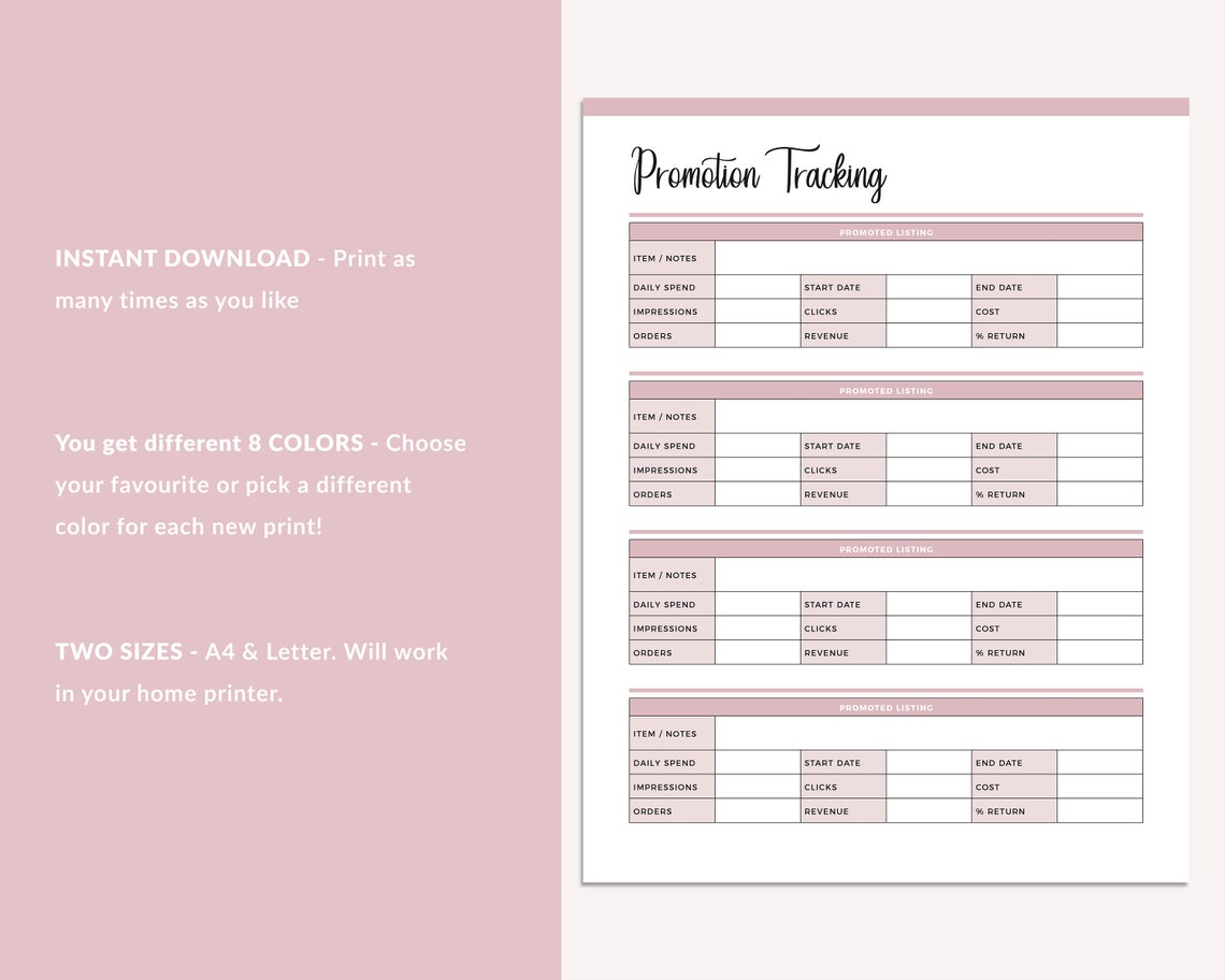 Printable Promoted Listing Sheet, Online Seller Promotion Tracker, Ad ...