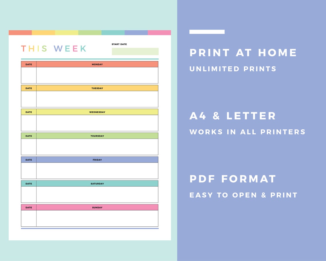 Printable Weekly Planner for Kids Rainbow planner for | Etsy
