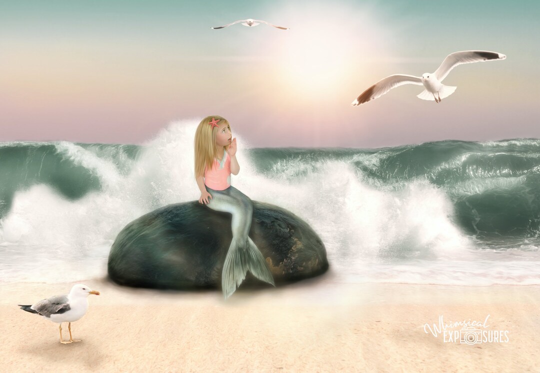 Digital Backdrop, Mermaid, Beach, Seagulls, Ocean, Child, Toddler ...