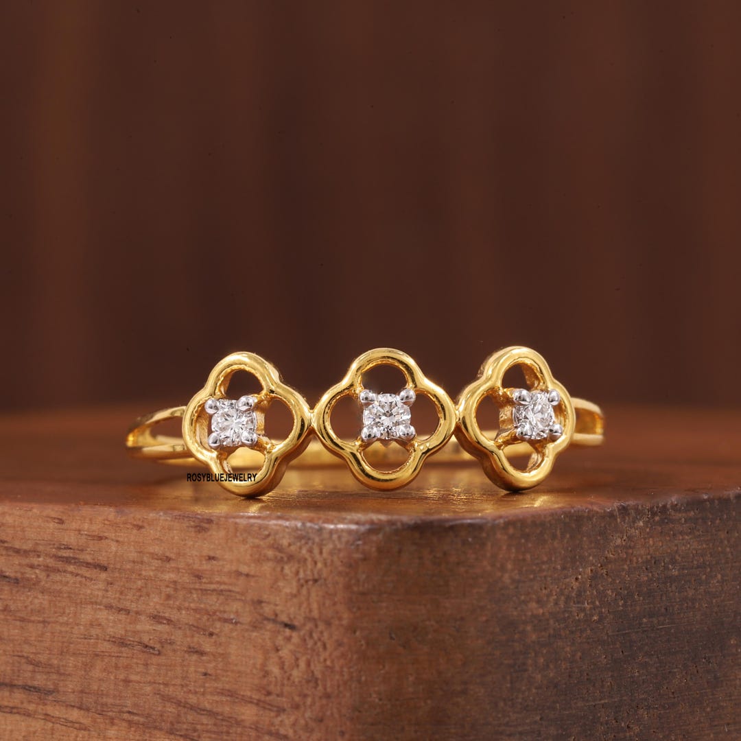 Three Cluster Diamond Ring, Lucky Shamrock Ring, 14K Solid Gold Clover ...
