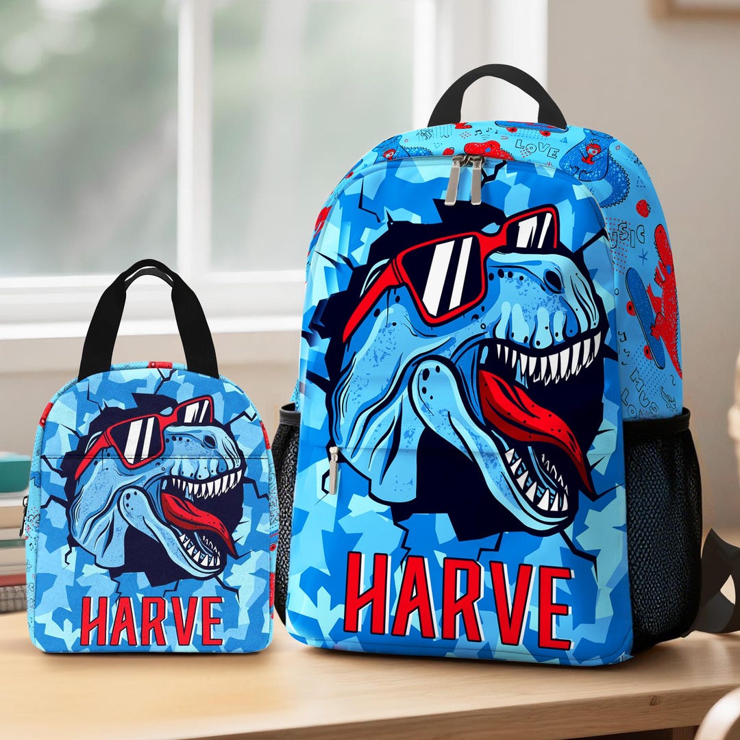 Personalized T-rex Dinosaur Backpack Set: Schoolbag, Lunch Bag & Water ...