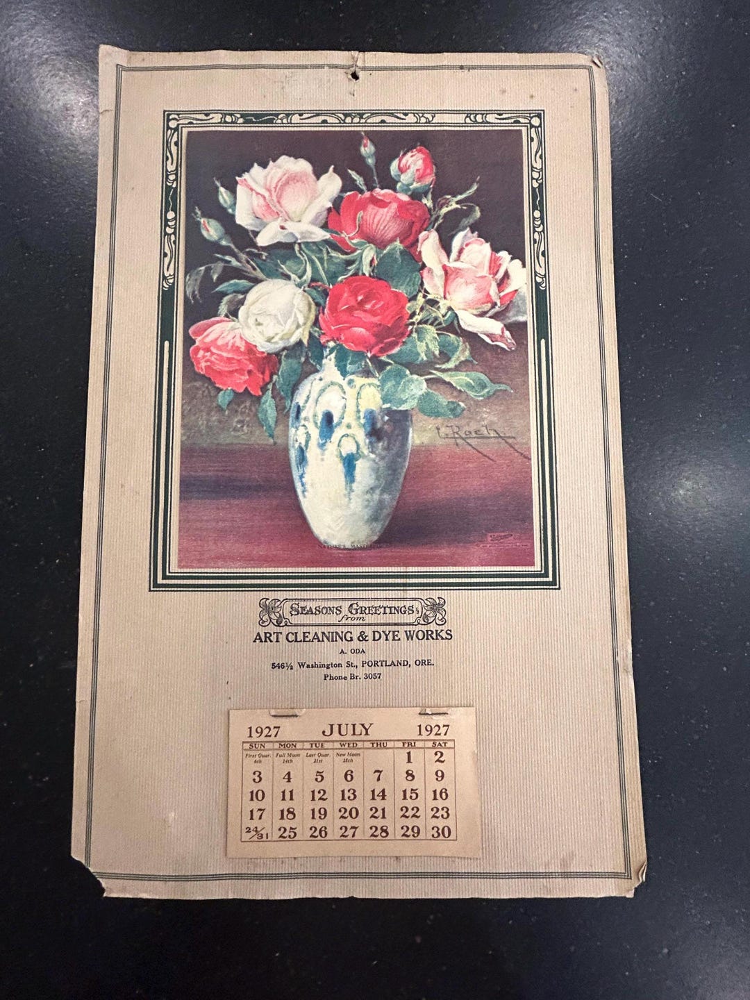 Vintage Litho Wall Calendar With Vase of Red Flowers - Etsy