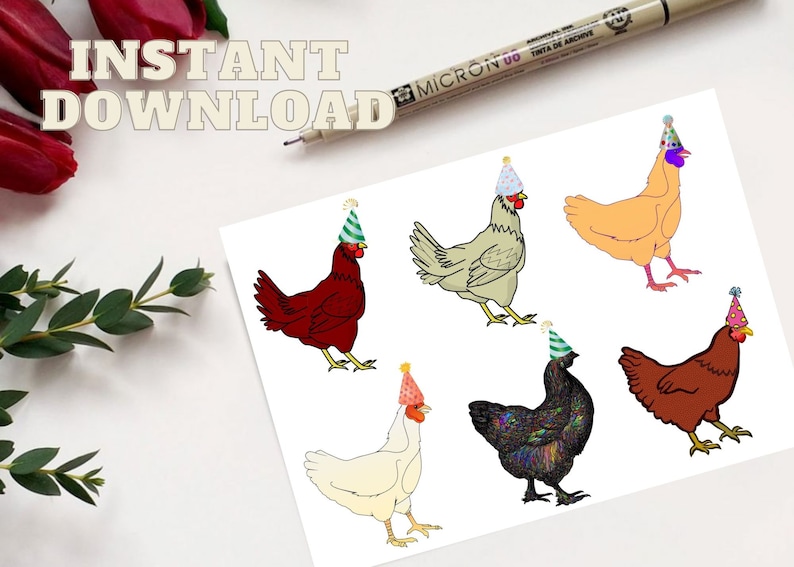Birthday Chickens Card: Printable Party Illustration (instant Download ...