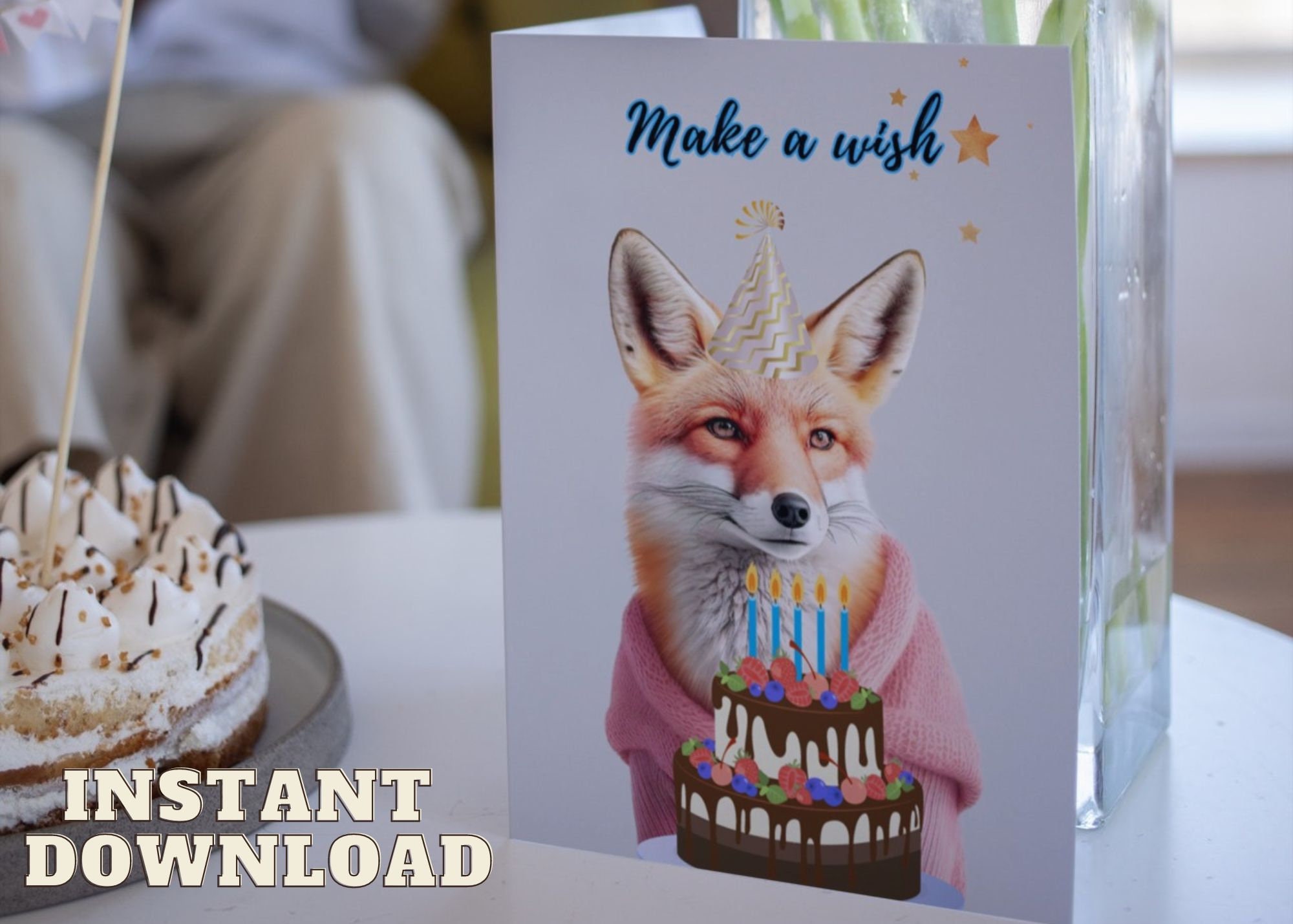 Birthday Fox Card, Fox Card, Fox Birthday Card, Make a Wish Card ...