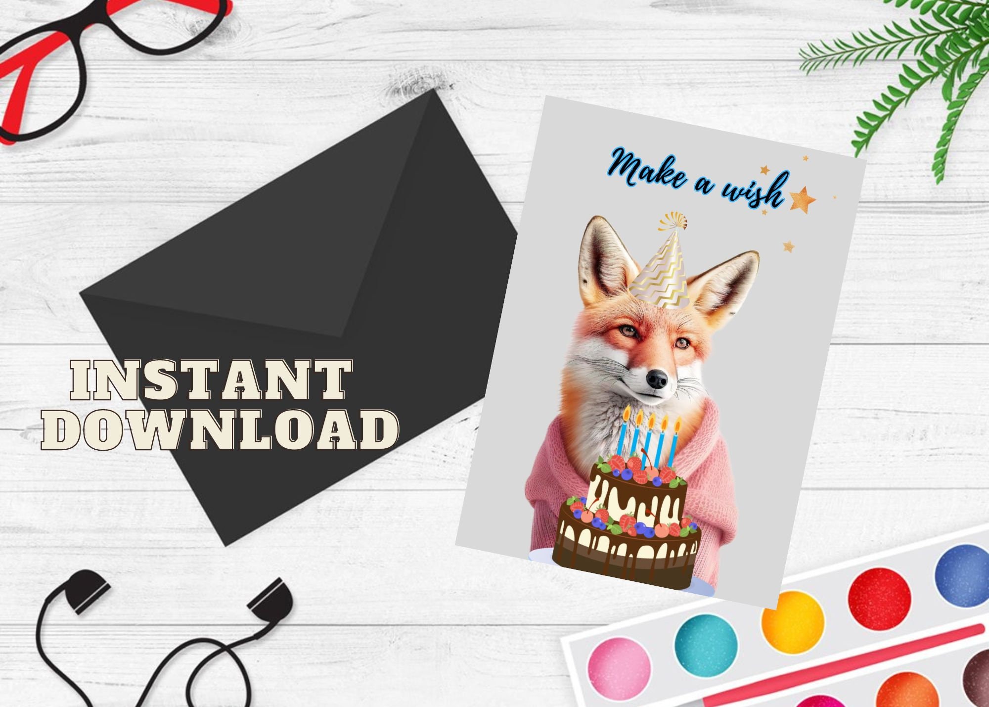 Birthday Fox Card, Fox Card, Fox Birthday Card, Make a Wish Card ...