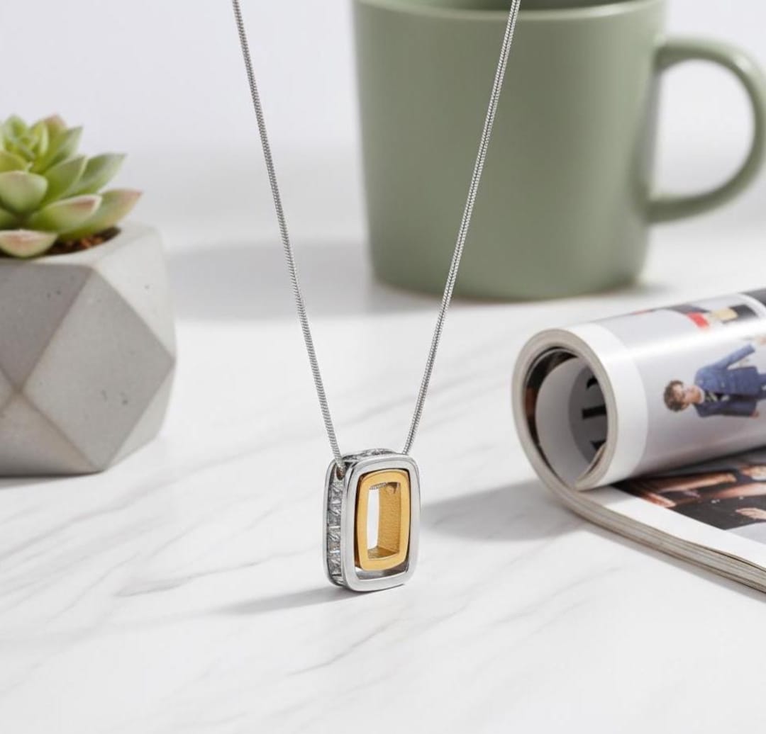 Two Tone Rectangle Pendant Necklace Silver Gold Plated Geometric CZ ...