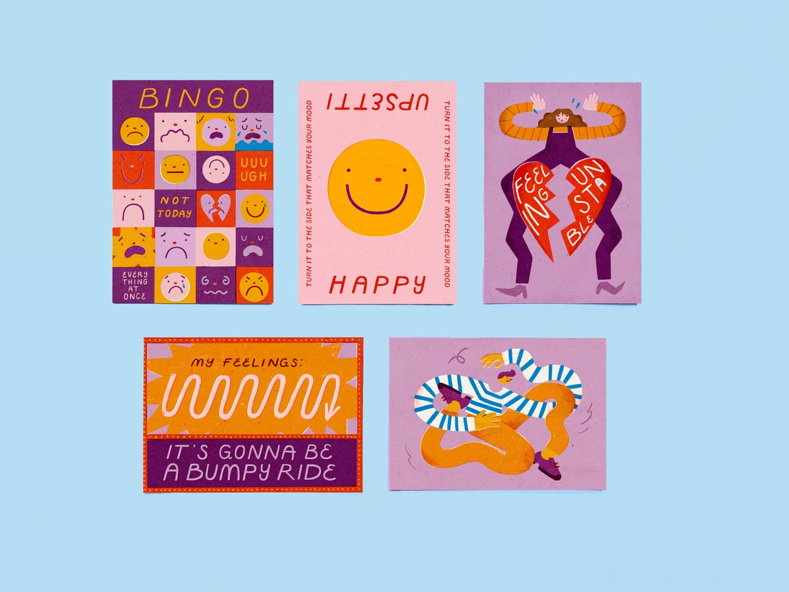 Set of 5 Illustrated Postcards | Emotions Postcards | Feelings Print ...