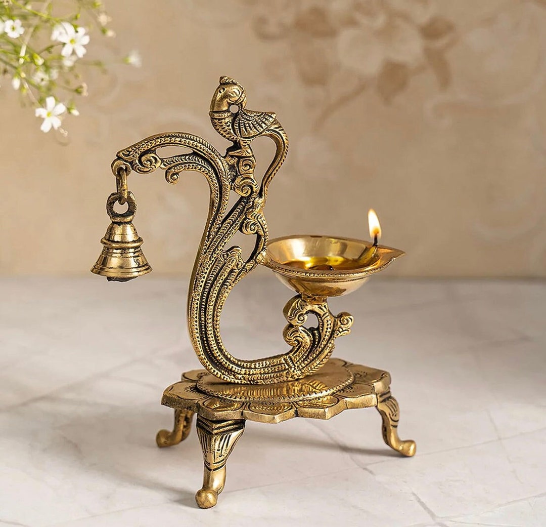 Peacock Brass Diya 20CM for Home Temple & Pooja Room, Antique Oil Diya ...