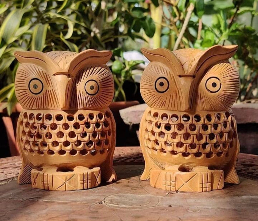 Set of 2 Handmade Wooden Owl Statue Home Decor Showpiece - Etsy