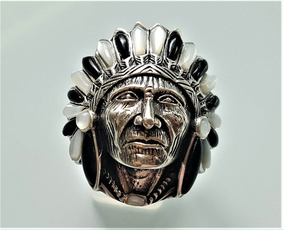American Indian Chief Warrior Ring STERLING SILVER 925 Natural Mother ...
