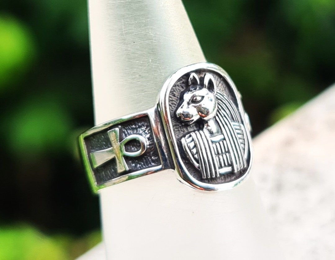 Bastet Goddess Ring 925 Sterling Silver God of Egypt Cat Egyptian Ankh ...