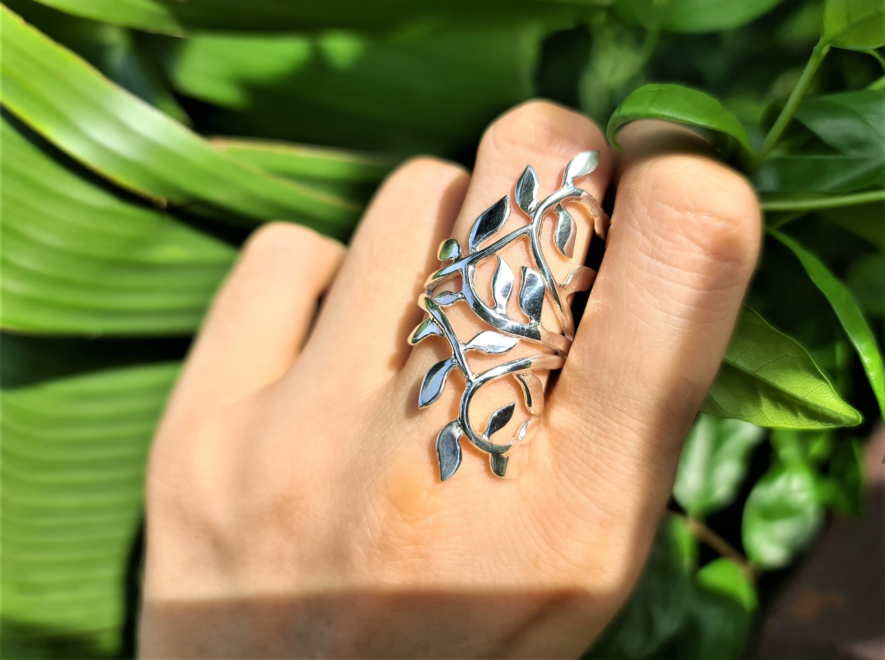 Branch Ring STERLING SILVER 925 Long Knuckle Ring Leaves Olive - Etsy