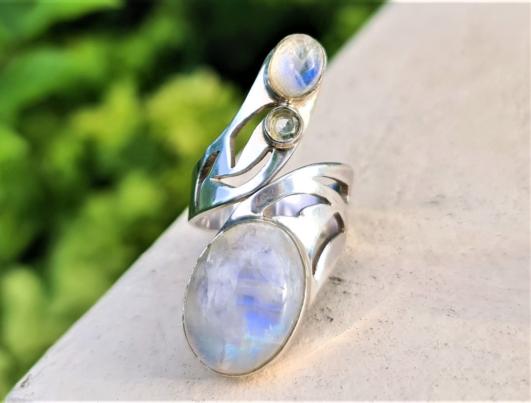 Moonstone Ring STERLING SILVER 925 Genuine Gemstone Long Knuckle Ring ...