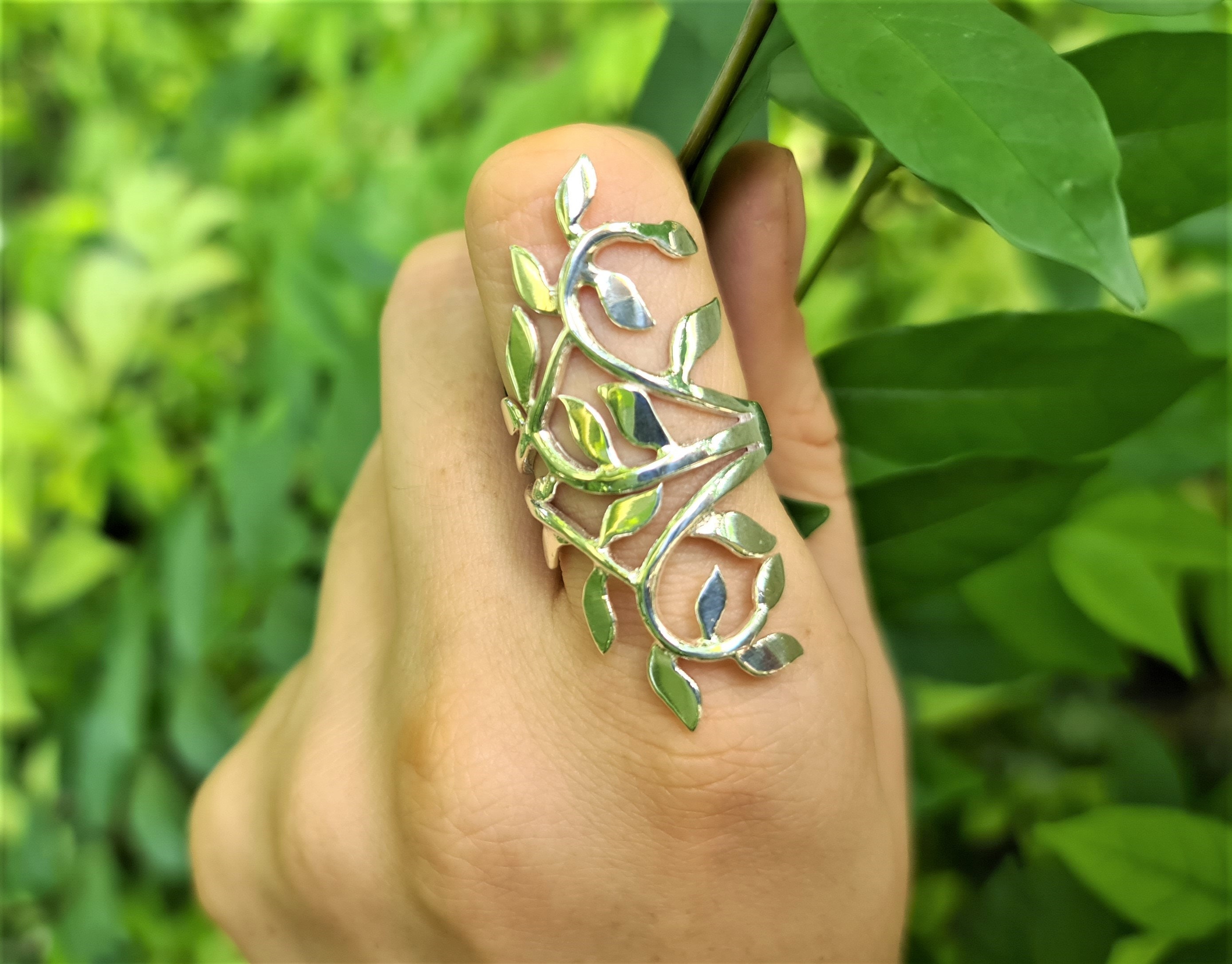 Branch Ring STERLING SILVER 925 Long Knuckle Ring Leaves Olive | Etsy