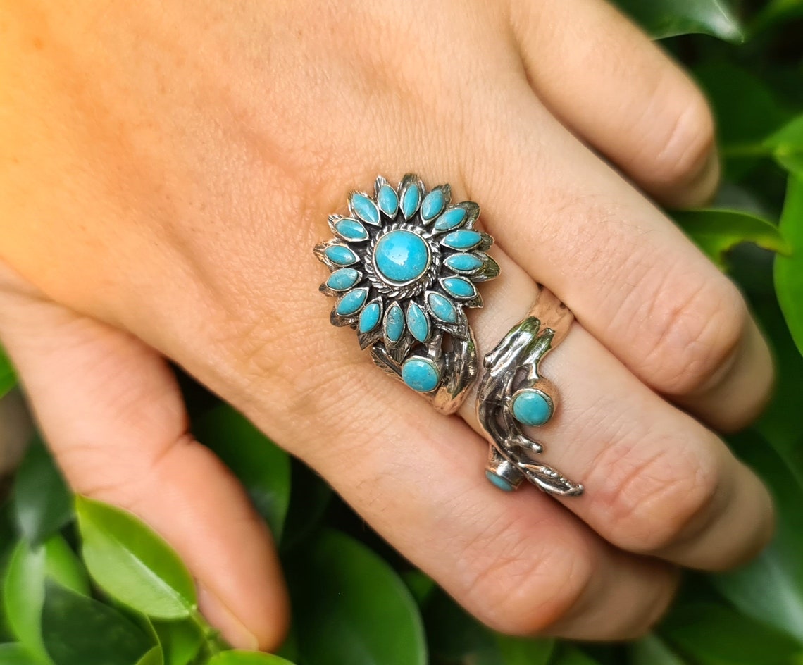 Turquoise Flower Ring 925 Sterling Silver Sunflower Genuine - Etsy