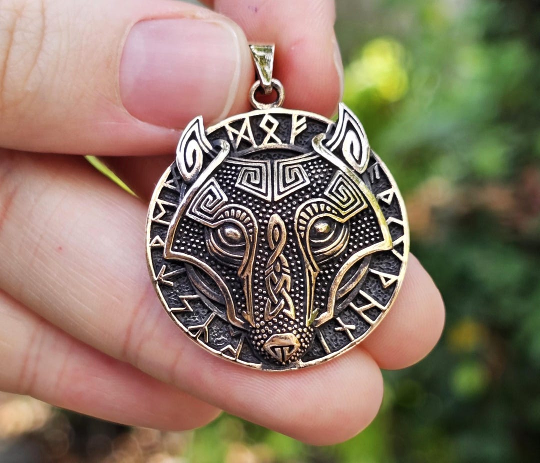 Fenrir Wolf Pendant Bronze Sacred Runes Celtic Amulet Viking Runic ...