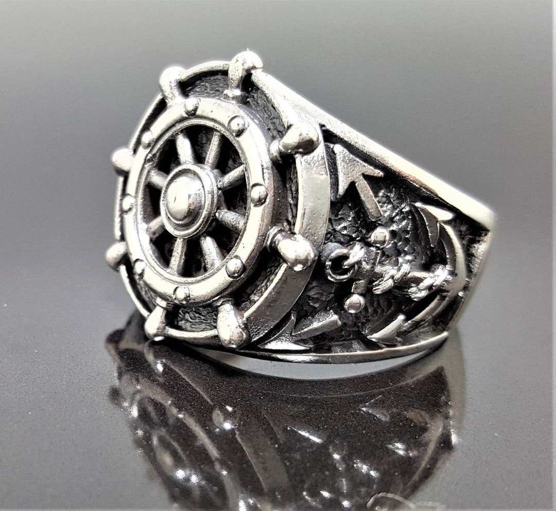 Ship Wheel & Anchor Nautical Ring 925 Sterling Silver Ship Steering ...