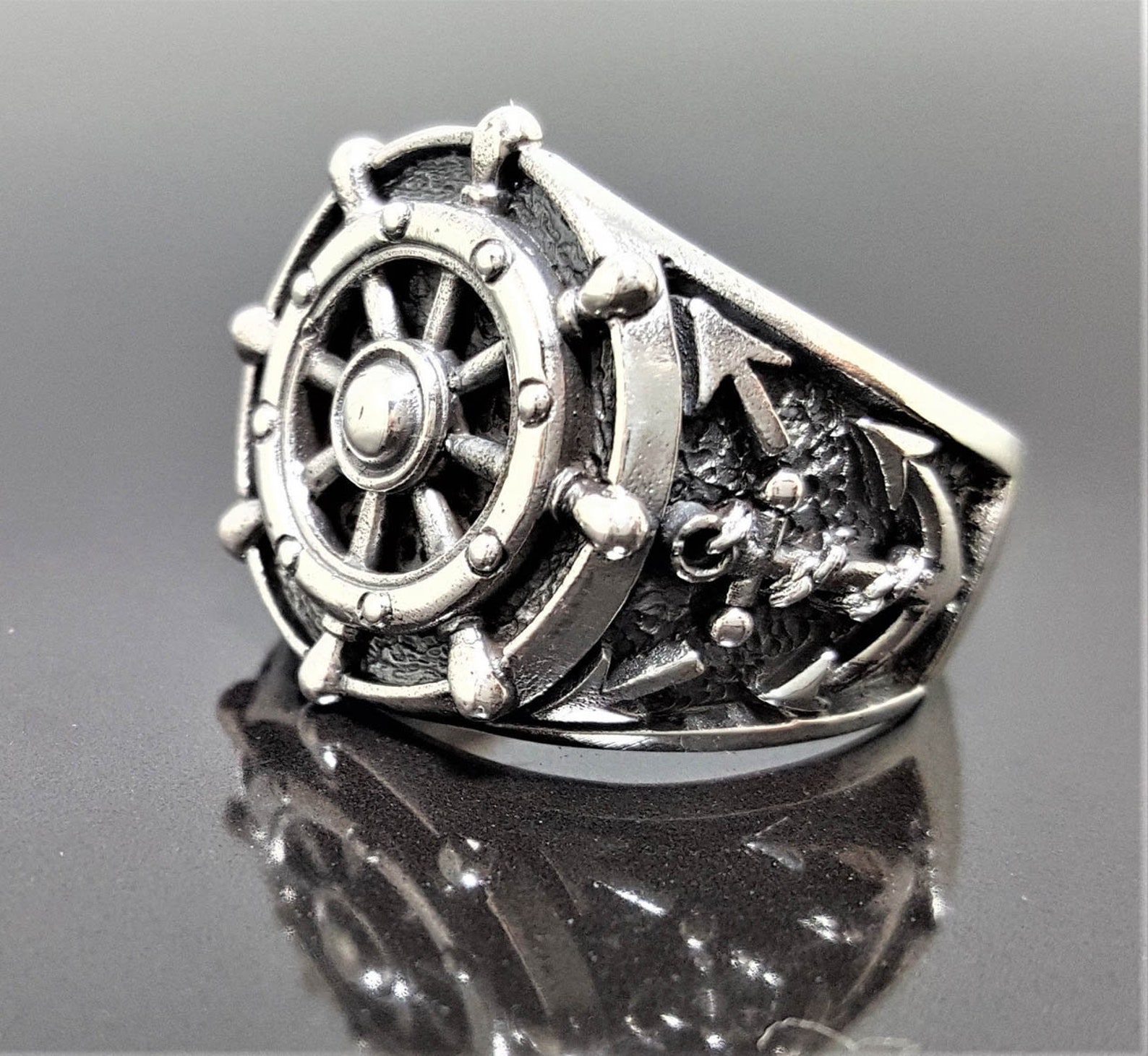 Ship Wheel & Anchor Nautical Ring 925 Sterling Silver Ship Steering ...