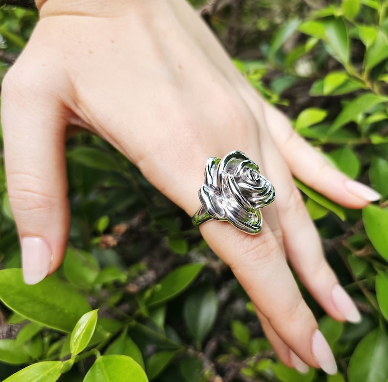 Large Rose Flower Ring STERLING SILVER 925 Massive Rose Floral ...