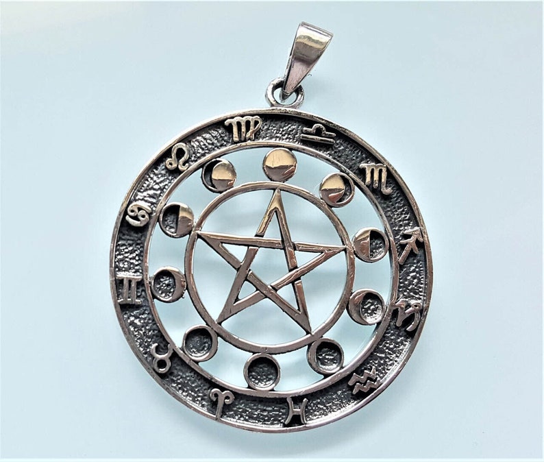 Moon Phases Pentagram Pendant STERLING SILVER 925 Star Energy Balance ...