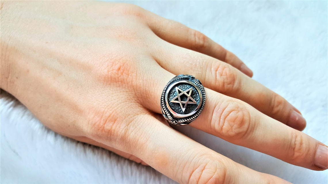 Pentagram Star Ring 925 Sterling Silver Rams Head Occult | Etsy