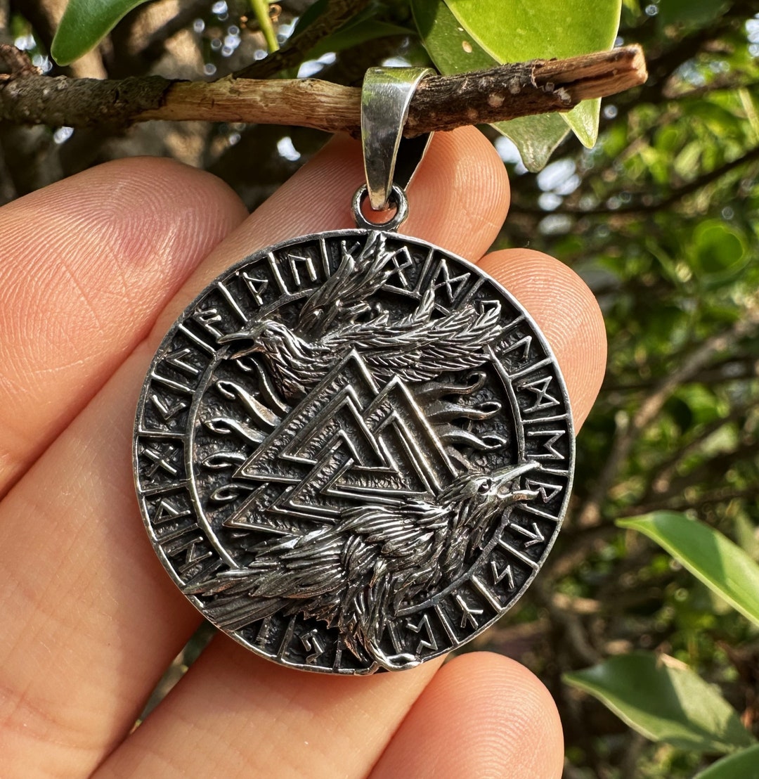 Valknut Huginn and Muninn Runic Pendant STERLING SILVER 925 Runes ...