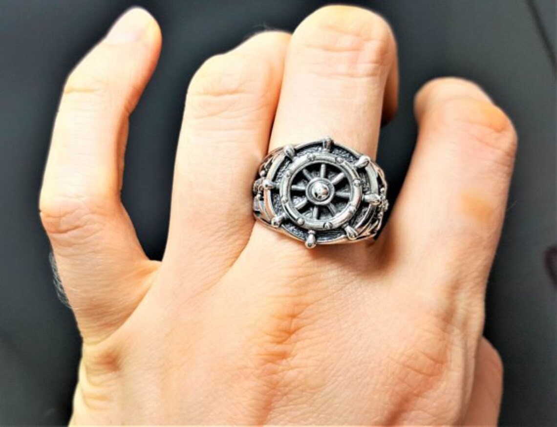 Ship Wheel & Anchor Nautical Ring 925 Sterling Silver Ship Steering ...