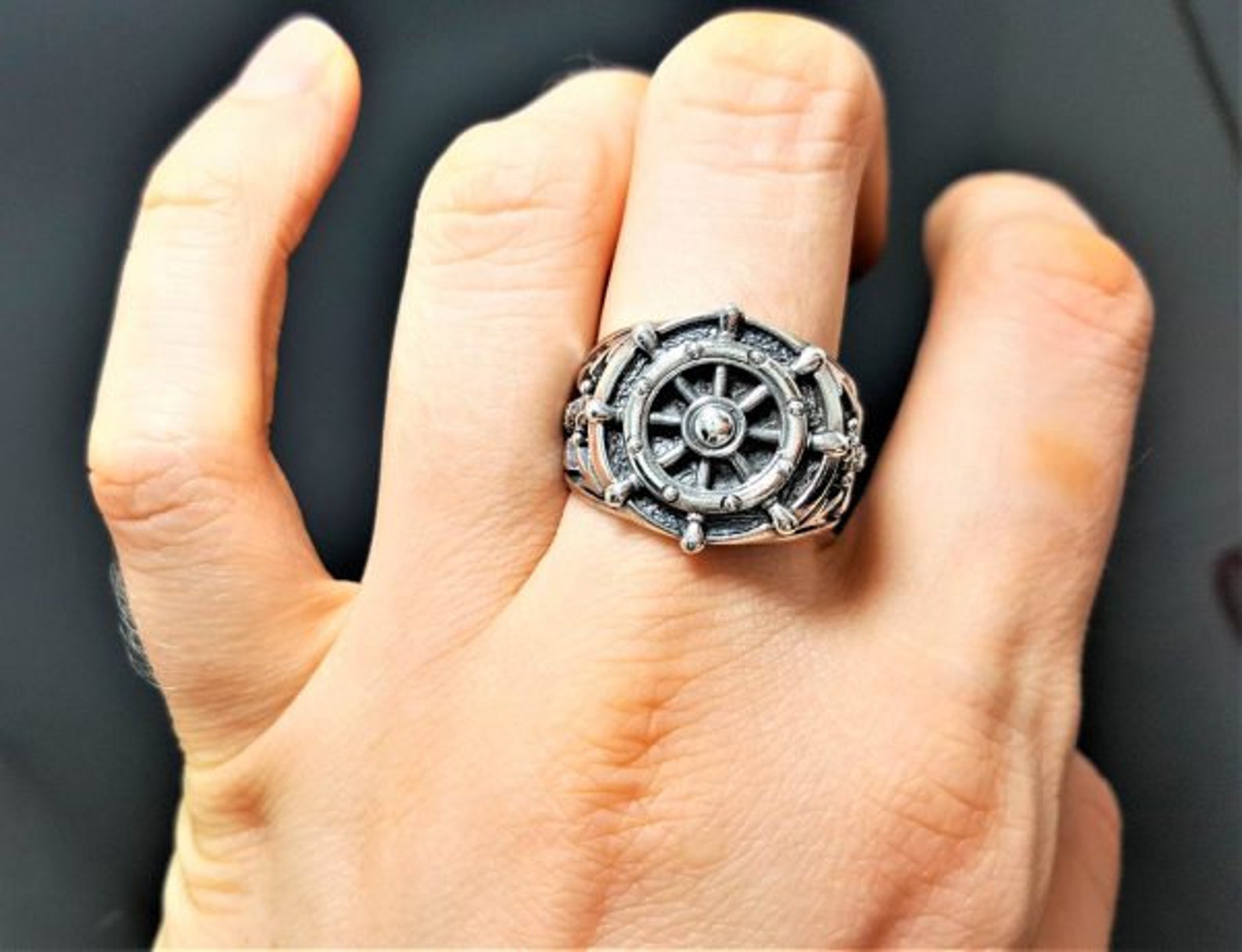 Ship Wheel & Anchor Nautical Ring 925 Sterling Silver Ship Steering ...