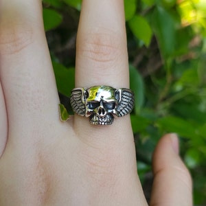 Skull Ring STERLING SILVER Winged Skull Biker Punk Goth Rocker Wings ...