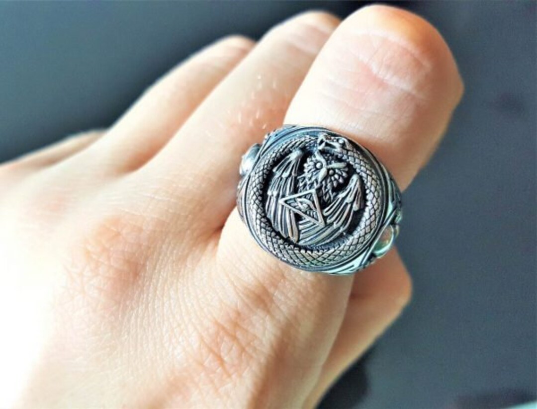 Ouroboros Ring STERLING SILVER 925 Owl All Seeing Eye Pyramid Sacred ...