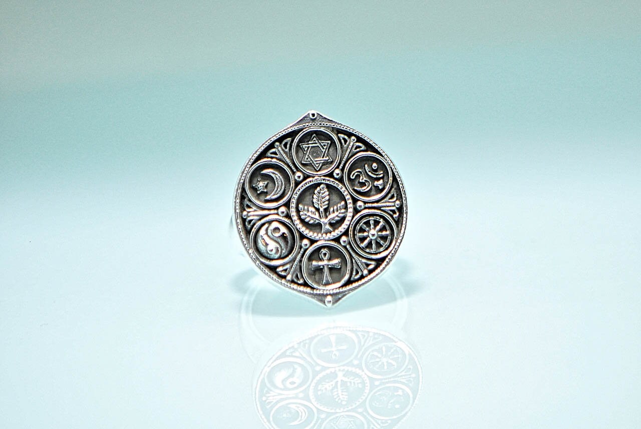 Sacred Symbols Ring Sterling Silver 925 CO-EXIST Ankh Yin Yang | Etsy