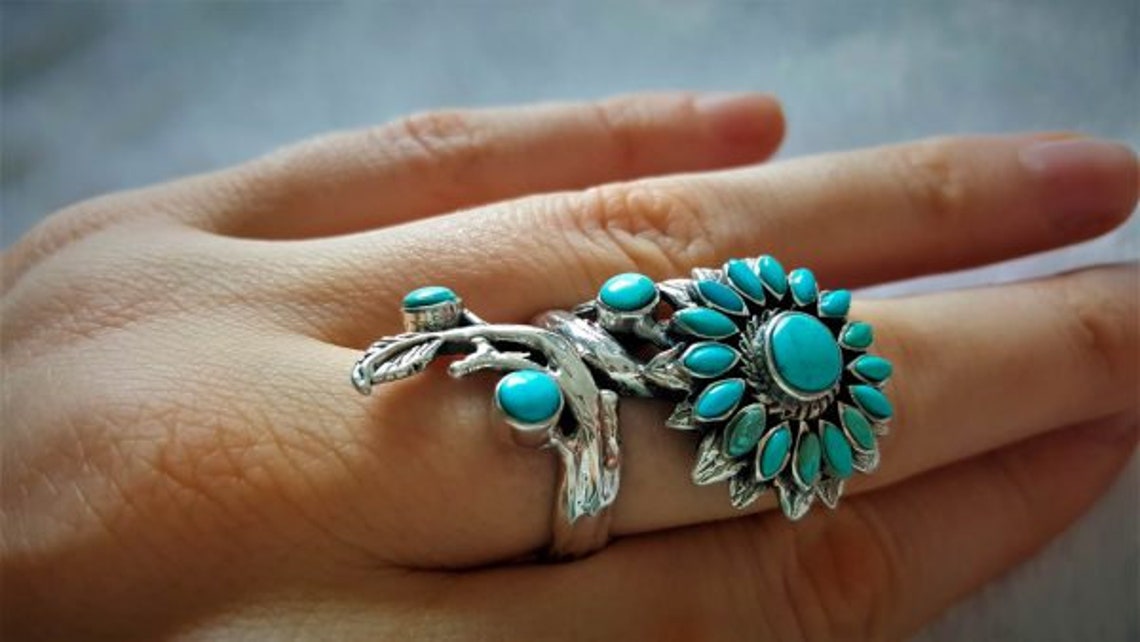 Turquoise Flower Ring 925 Sterling Silver Sunflower Genuine | Etsy