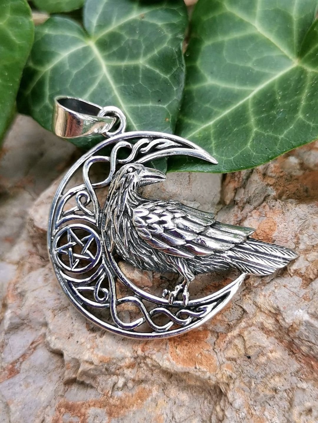 Crescent Moon Raven Pentagram Pendant STERLING SILVER 925 Celtic Viking ...