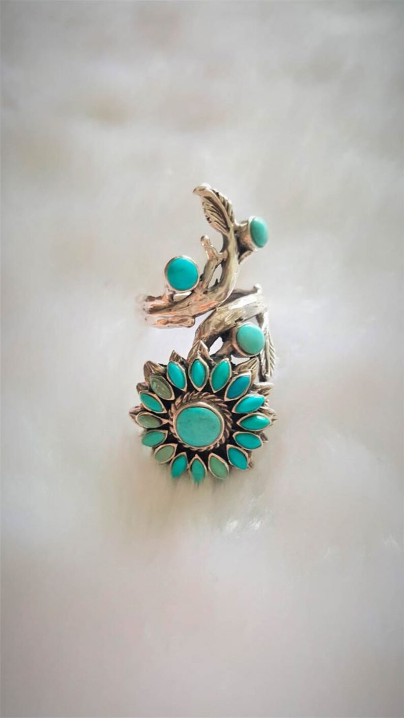 Turquoise Flower Ring 925 Sterling Silver Sunflower Genuine | Etsy