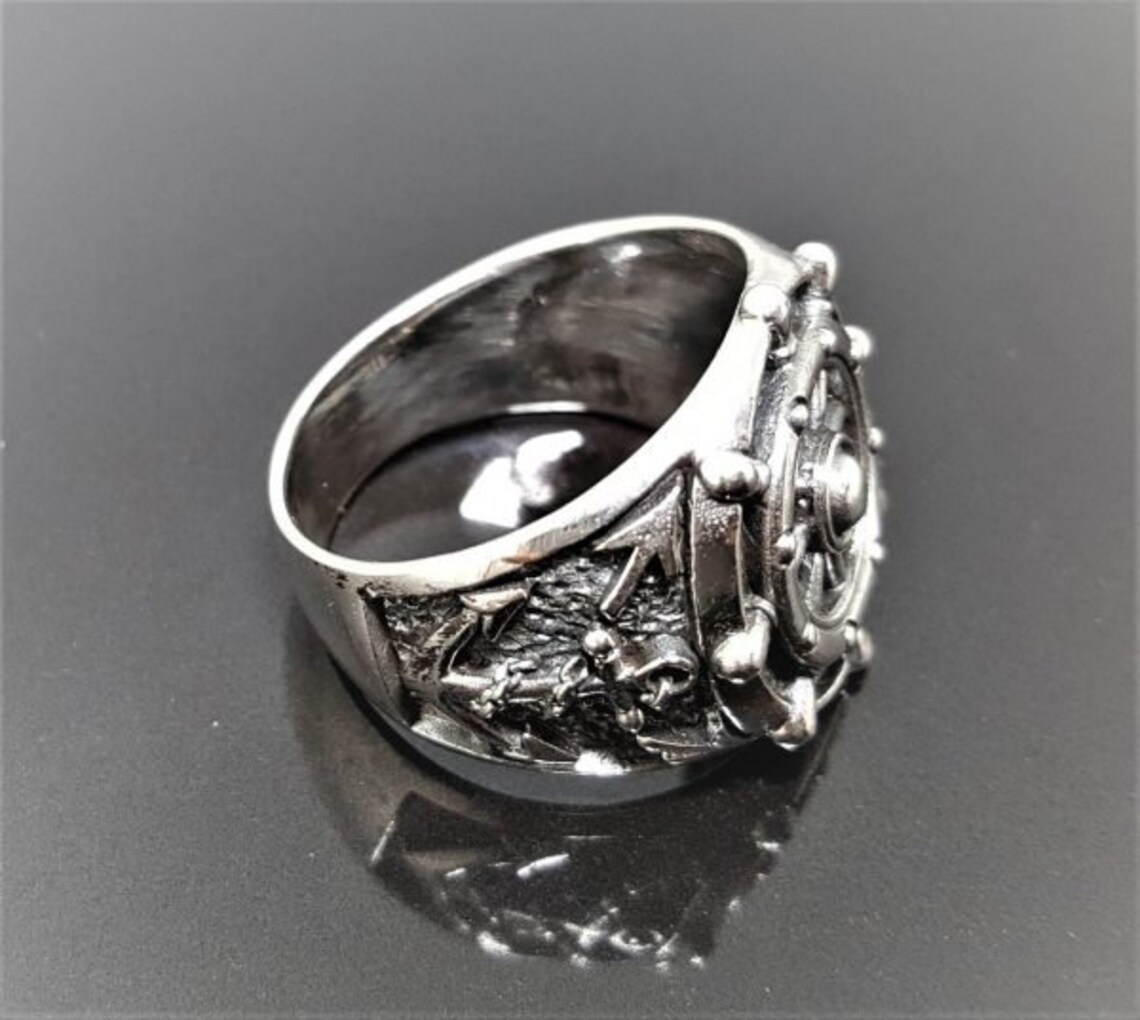 Ship Wheel & Anchor Nautical Ring 925 Sterling Silver Ship Steering ...