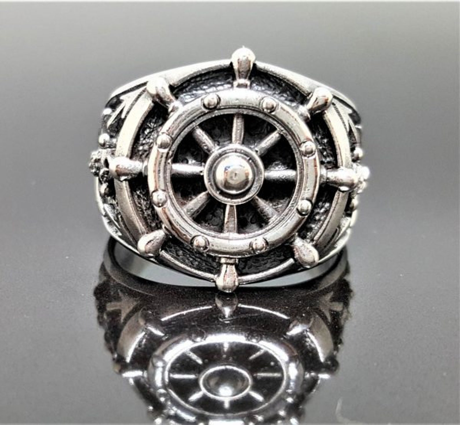 Ship Wheel & Anchor Nautical Ring 925 Sterling Silver Ship Steering ...