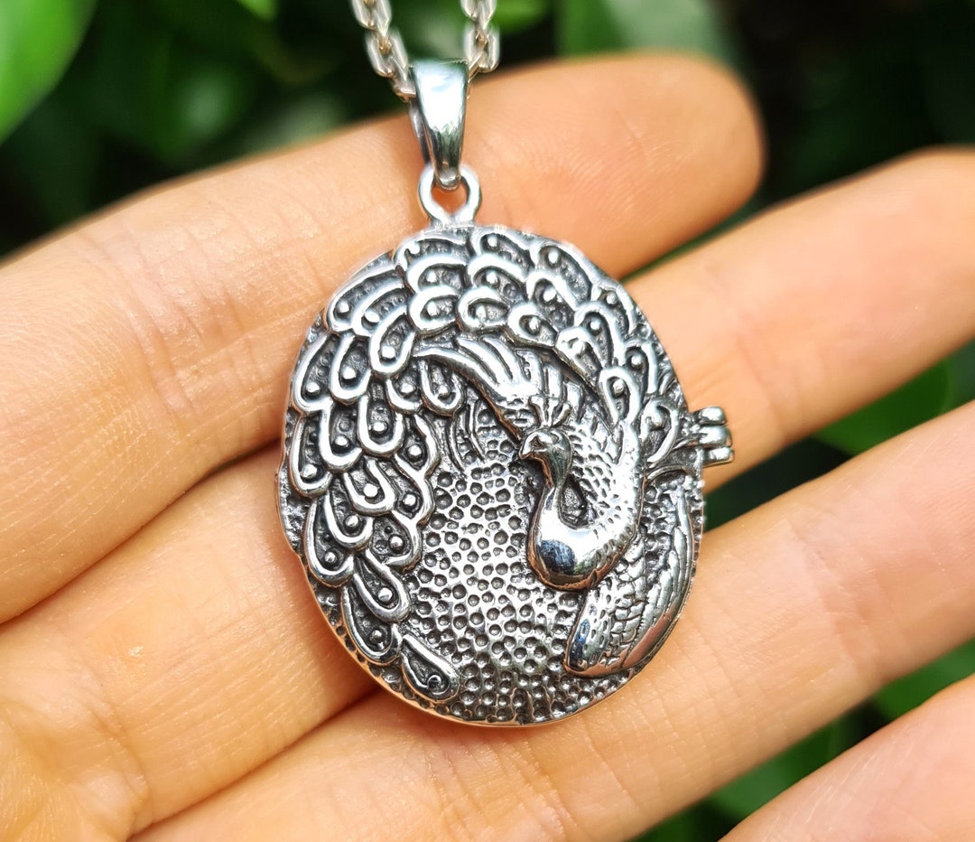 Peacock Locket Pendant 925 STERLING SILVER Picture Portrait Memory ...