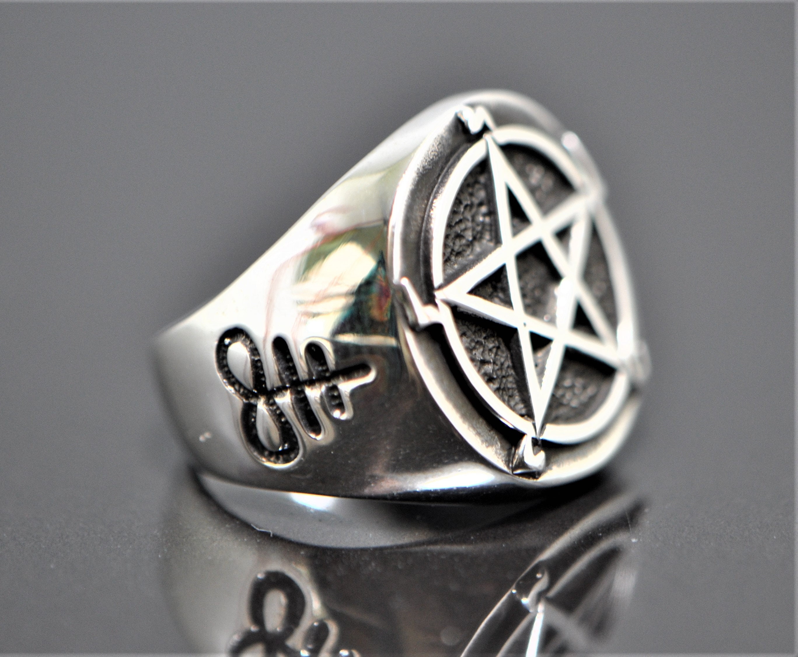 Pentagram Occult Ring STERLING SILVER 925 Leviathan Cross Wicca Talisman Amulet Sacred Symbols ...