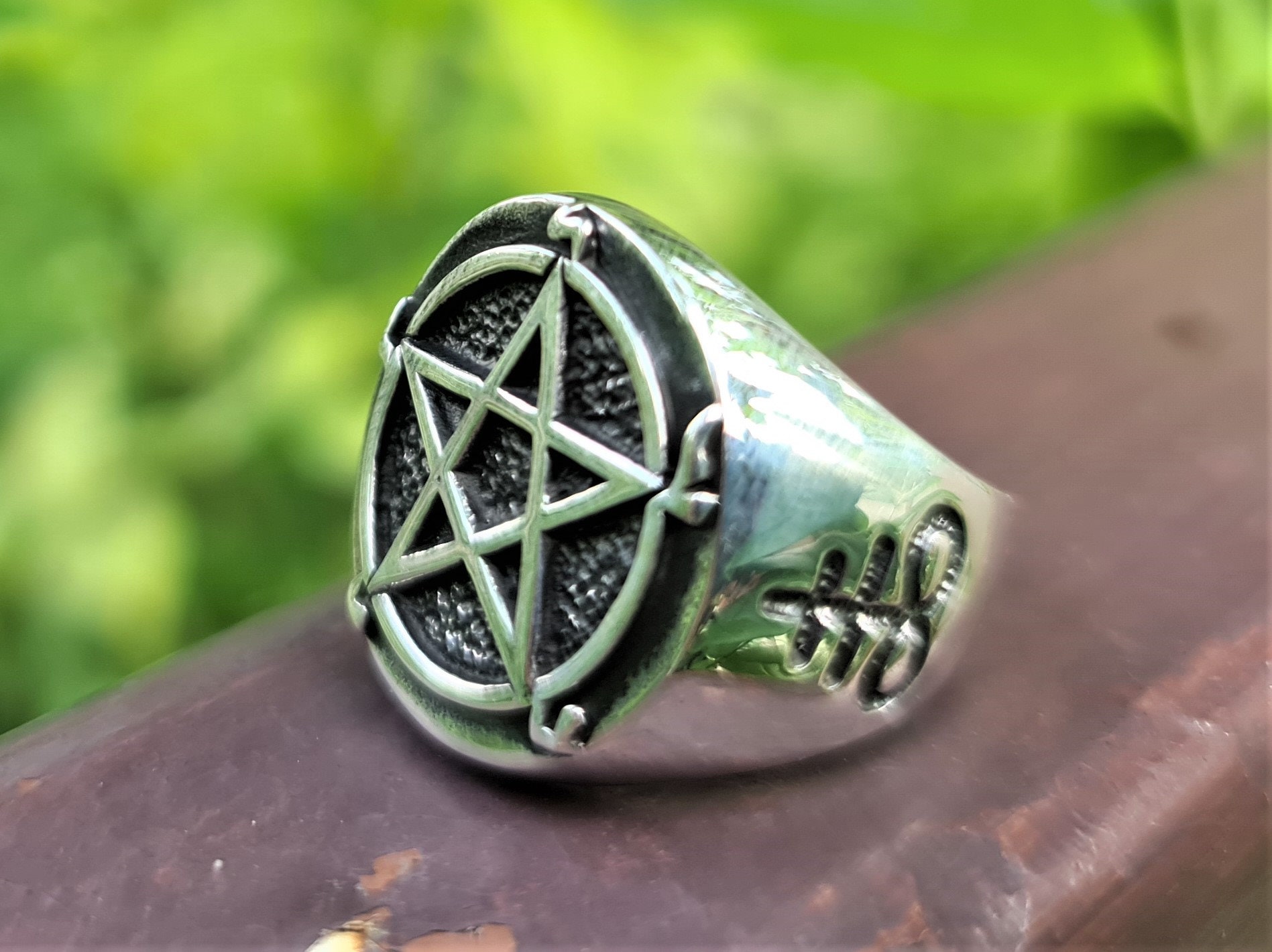 Pentagram Occult Ring STERLING SILVER 925 Leviathan Cross Wicca Talisman Amulet Sacred Symbols ...