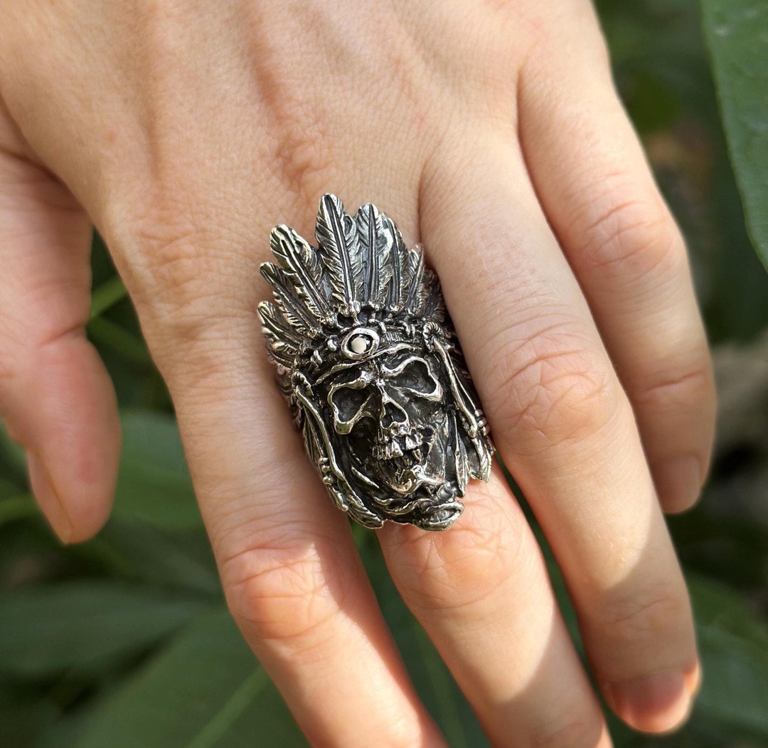 Skull Indian Tribal Chief Ring STERLING SILVER 925 American Indian Red ...