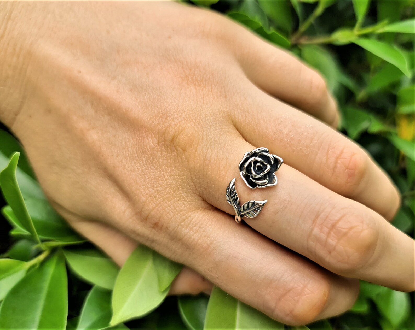 Rose Flower Ring STERLING SILVER 925 Rose Leaves Floral | Etsy