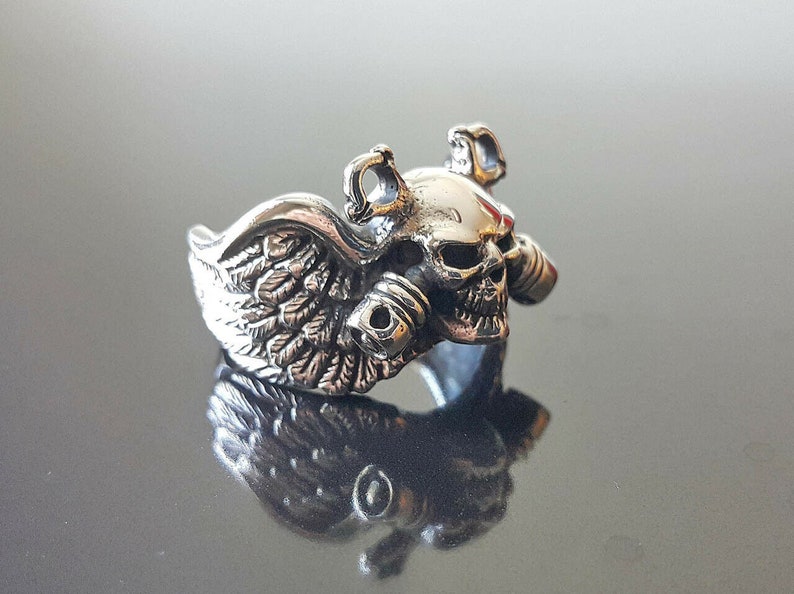 Skull Ring 925 STERLING SILVER Winged Skull Piston Head Punk - Etsy