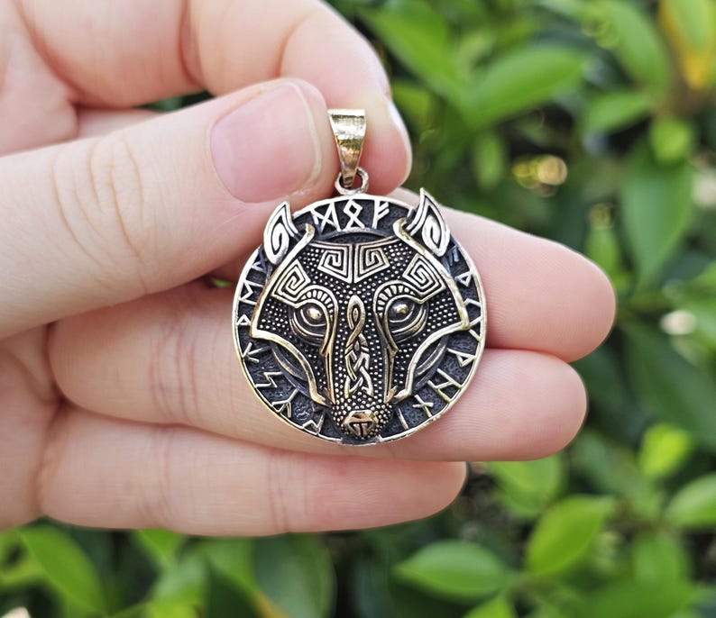 Fenrir Wolf Pendant Bronze Sacred Runes Celtic Amulet Viking Runic ...