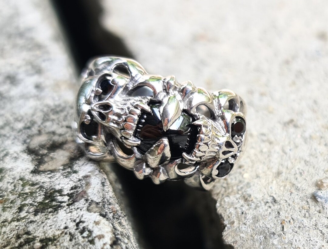 Double Skull Ring STERLING SILVER 925 Gemini Twin Skulls Black Onyx ...