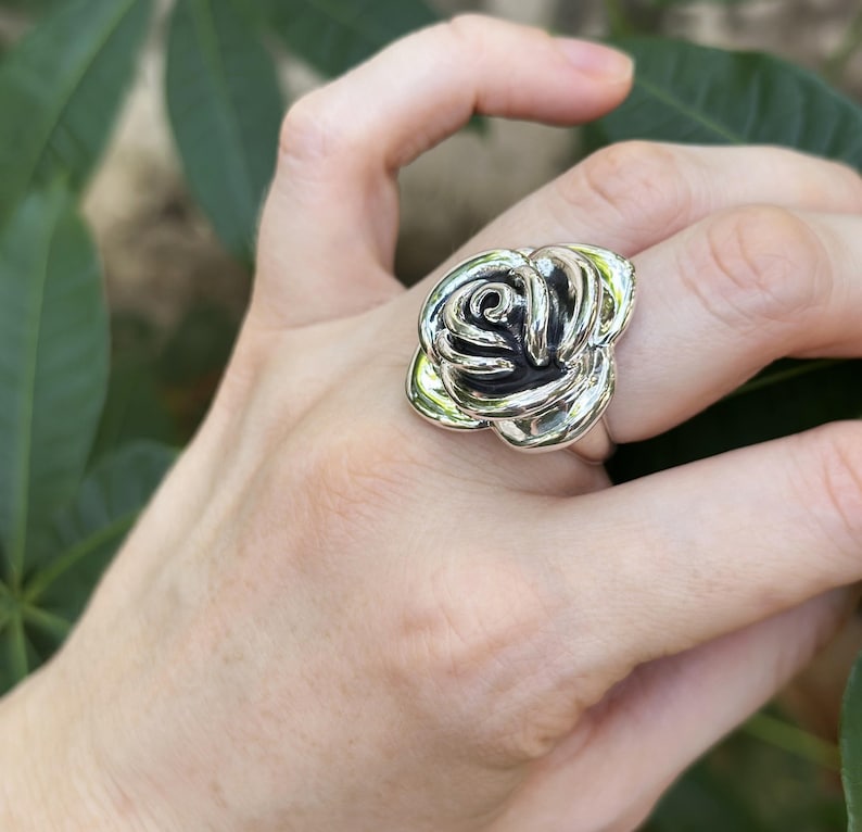 Large Rose Flower Ring STERLING SILVER 925 Massive Rose Floral ...