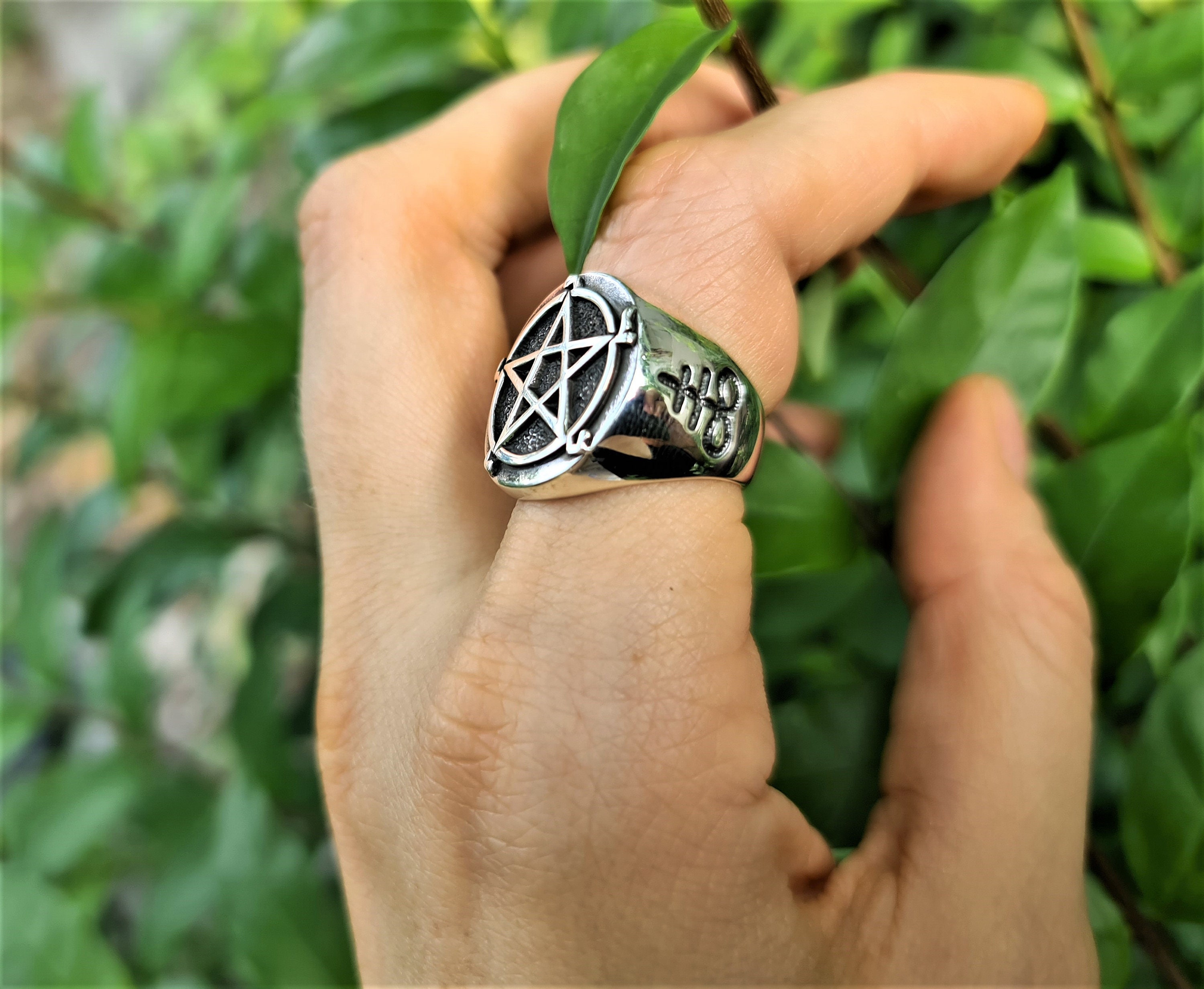 Pentagram Occult Ring STERLING SILVER 925 Leviathan Cross Wicca Talisman Amulet Sacred Symbols ...