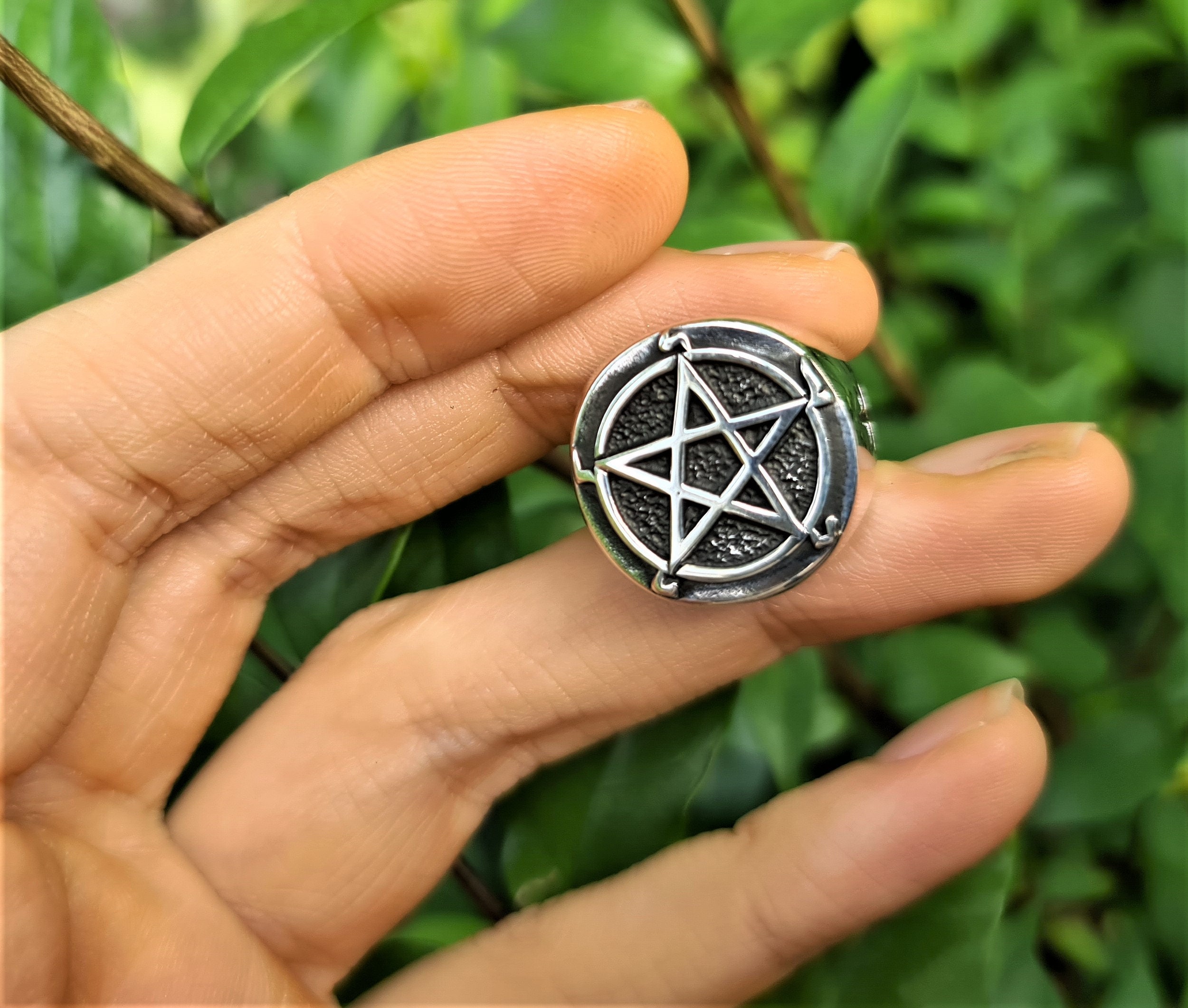 Pentagram Occult Ring STERLING SILVER 925 Leviathan Cross Wicca Talisman Amulet Sacred Symbols ...