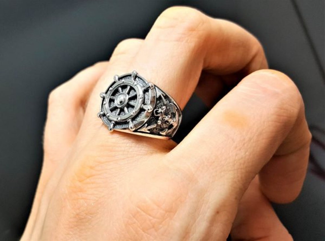 Ship Wheel & Anchor Nautical Ring 925 Sterling Silver Ship Steering ...