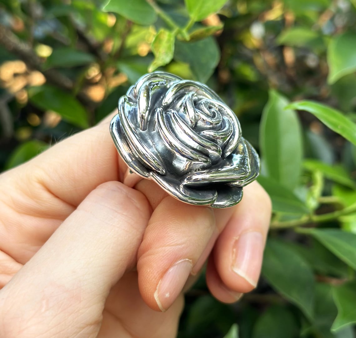Extra Large Rose Flower Ring STERLING SILVER 925 Massive Silver Rose ...