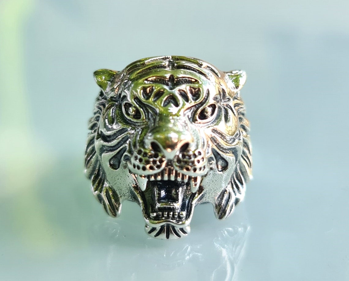 925 Sterling Silver TIGER RING Big Cat UNISEX Biker Rocker | Etsy
